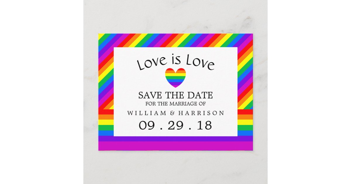 Rainbow Heart Love is Love Wedding Save The Date Announcement Postcard ...