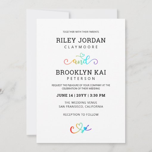 Rainbow Heart Script Cute LGBT Wedding Invitation | Zazzle