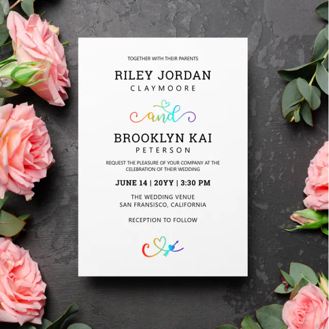Rainbow Heart Script Cute LGBT Wedding Invitation | Zazzle