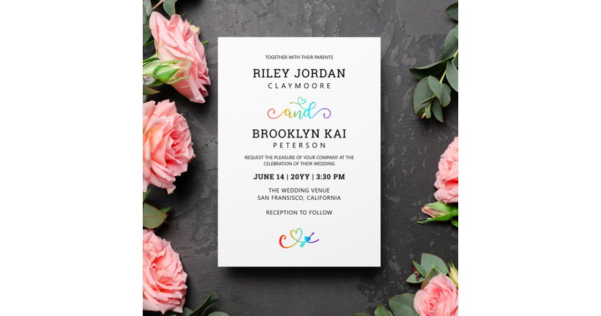 Rainbow Heart Script Cute LGBT Wedding Invitation | Zazzle