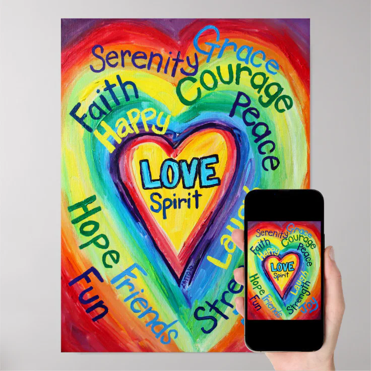 Rainbow Heart Spirit Words Art Poster Print | Zazzle