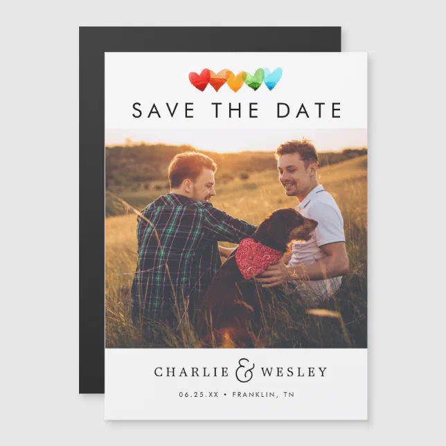 Rainbow Hearts Save the Date with Photo Magnetic Invitation | Zazzle