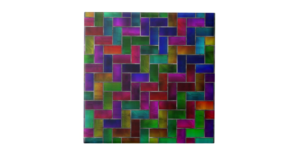 Rainbow Herringbone Brick Stained Glass Window Tile | Zazzle
