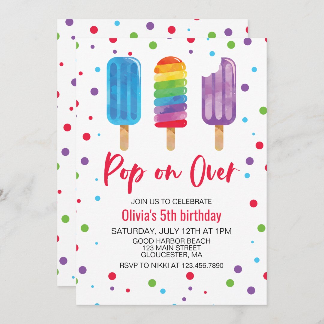 Rainbow Ice Pops Pop on Over Birthday Invitation | Zazzle