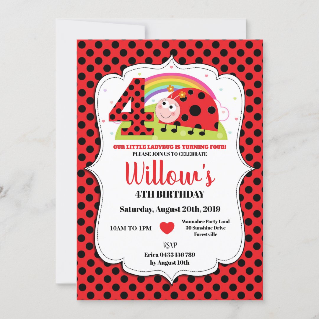 Rainbow Ladybug 4th Birthday Invitations Girl | Zazzle