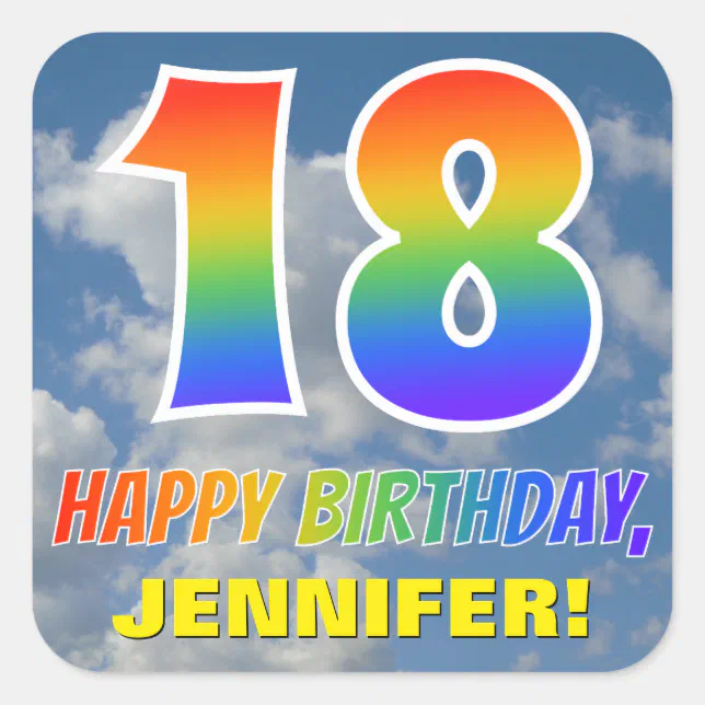 Rainbow Look "18" & "HAPPY BIRTHDAY", Clouds, Sky Square Sticker | Zazzle