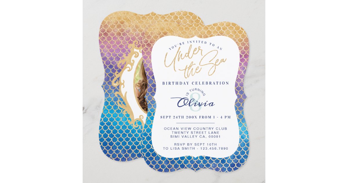 Rainbow Mermaid Scales Photo Birthday Invitation | Zazzle