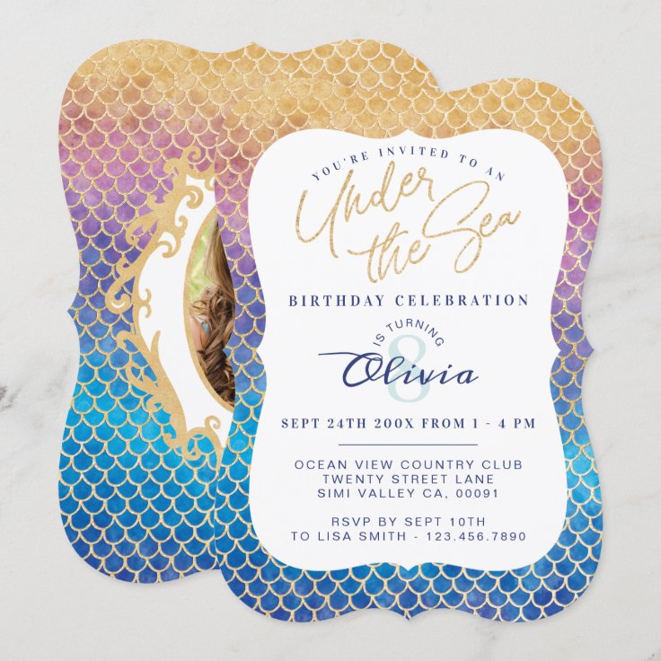 Rainbow Mermaid Scales Photo Birthday Invitation | Zazzle
