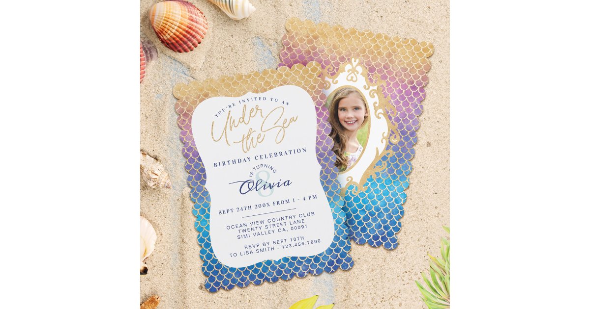 Rainbow Mermaid Scales Photo Birthday Invitation | Zazzle