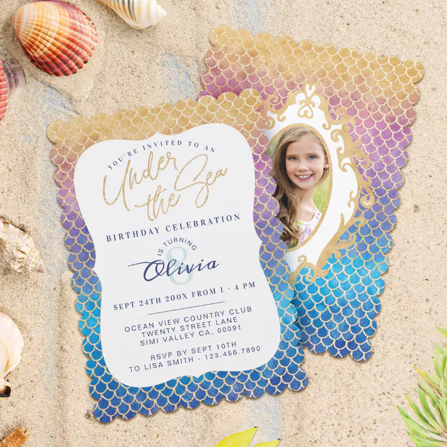 Rainbow Mermaid Scales Photo Birthday Invitation | Zazzle