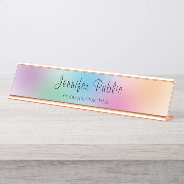 Rainbow Modern Colorful Template Rose Gold Elegant Desk Name Plate | Zazzle