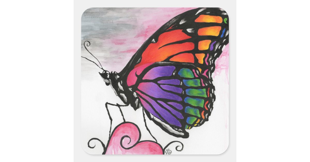 Rainbow Monarch Butterfly Original Fantasy Art Square Sticker | Zazzle