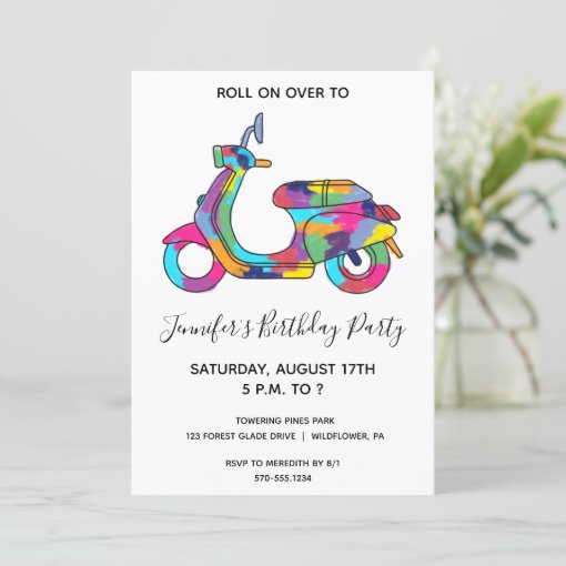 Rainbow Motor Scooter Moped Party Invitation | Zazzle