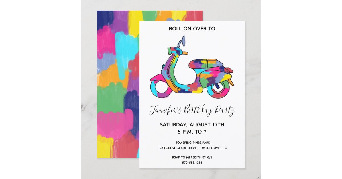 Rainbow Motor Scooter Moped Party Invitation | Zazzle