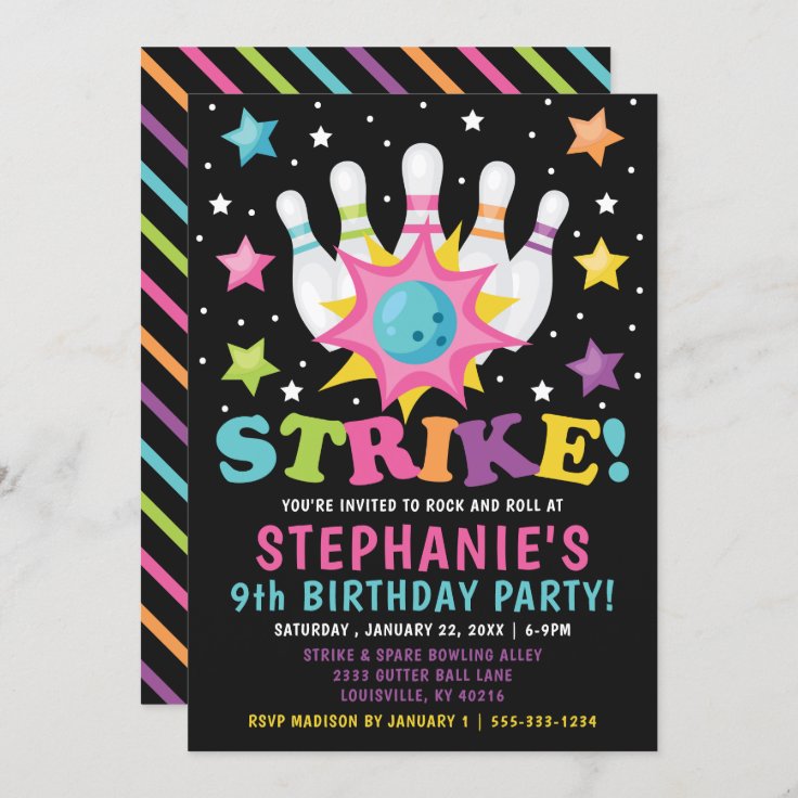 Rainbow Neon Bowling Birthday Party Invitation | Zazzle