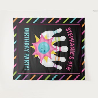 Rainbow Neon Bowling Birthday Party Photo Backdrop | Zazzle