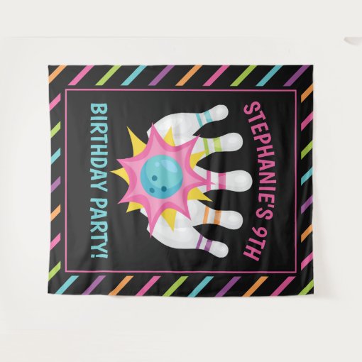 Rainbow Neon Bowling Birthday Party Photo Backdrop | Zazzle