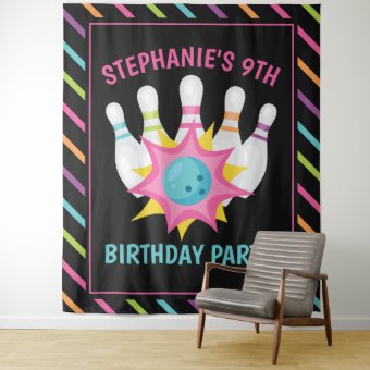 Rainbow Neon Bowling Birthday Party Photo Backdrop | Zazzle