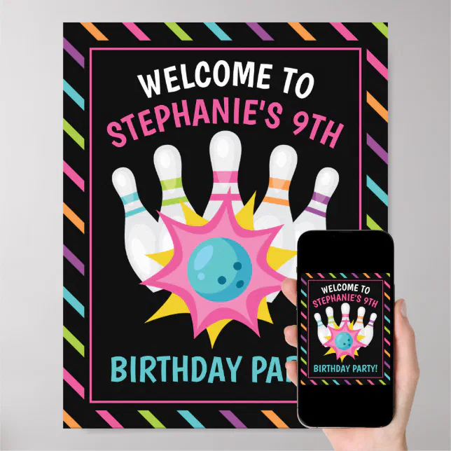 Rainbow Neon Bowling Birthday Party Welcome Sign | Zazzle