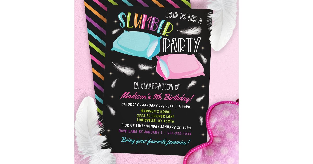 Rainbow Neon Slumber Party Sleepover Birthday Invitation | Zazzle
