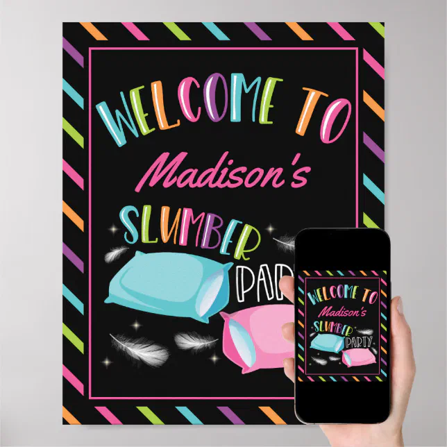 Rainbow Neon Slumber Party Sleepover Welcome Sign | Zazzle