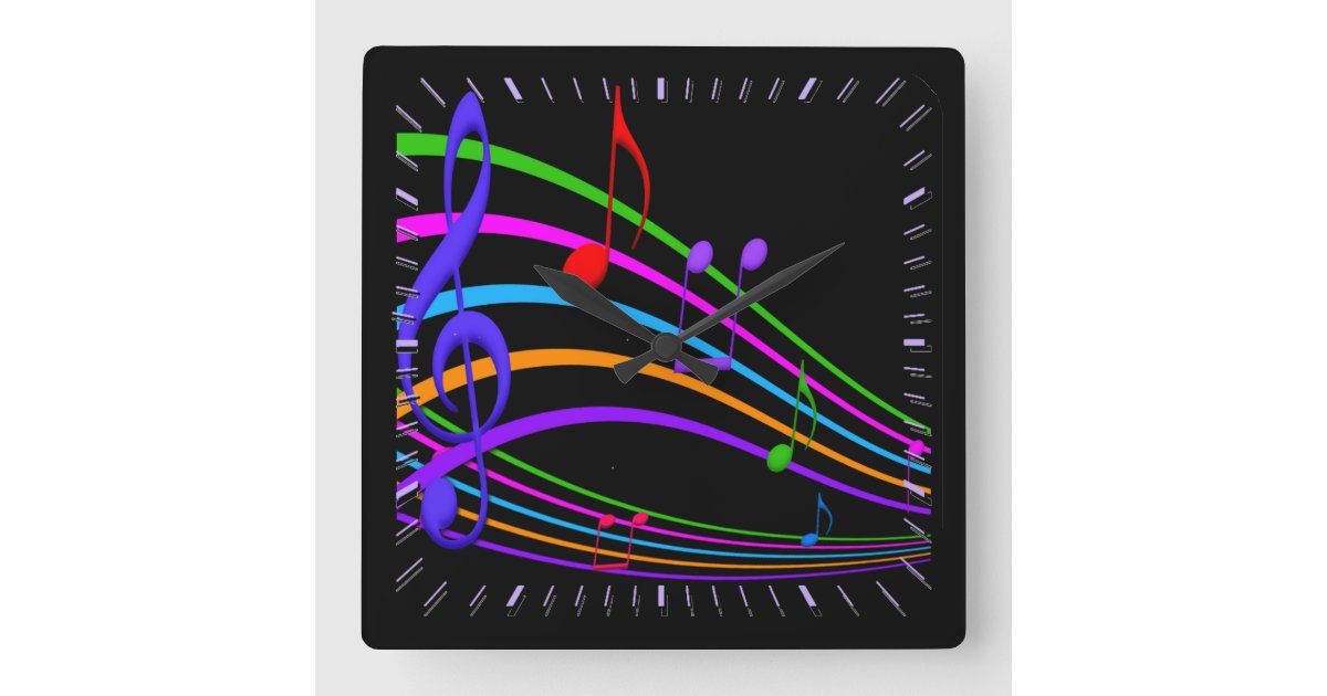 Rainbow Notes Music Black Wall Clock | Zazzle