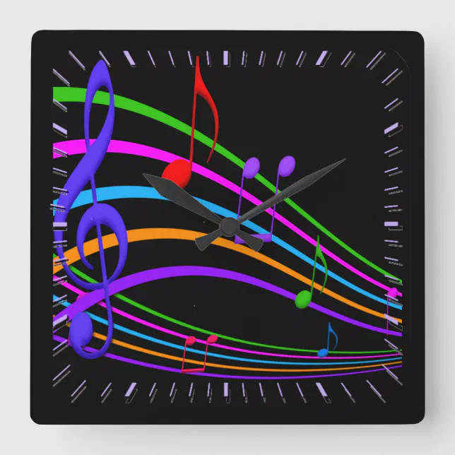 Rainbow Notes Music Black Wall Clock | Zazzle