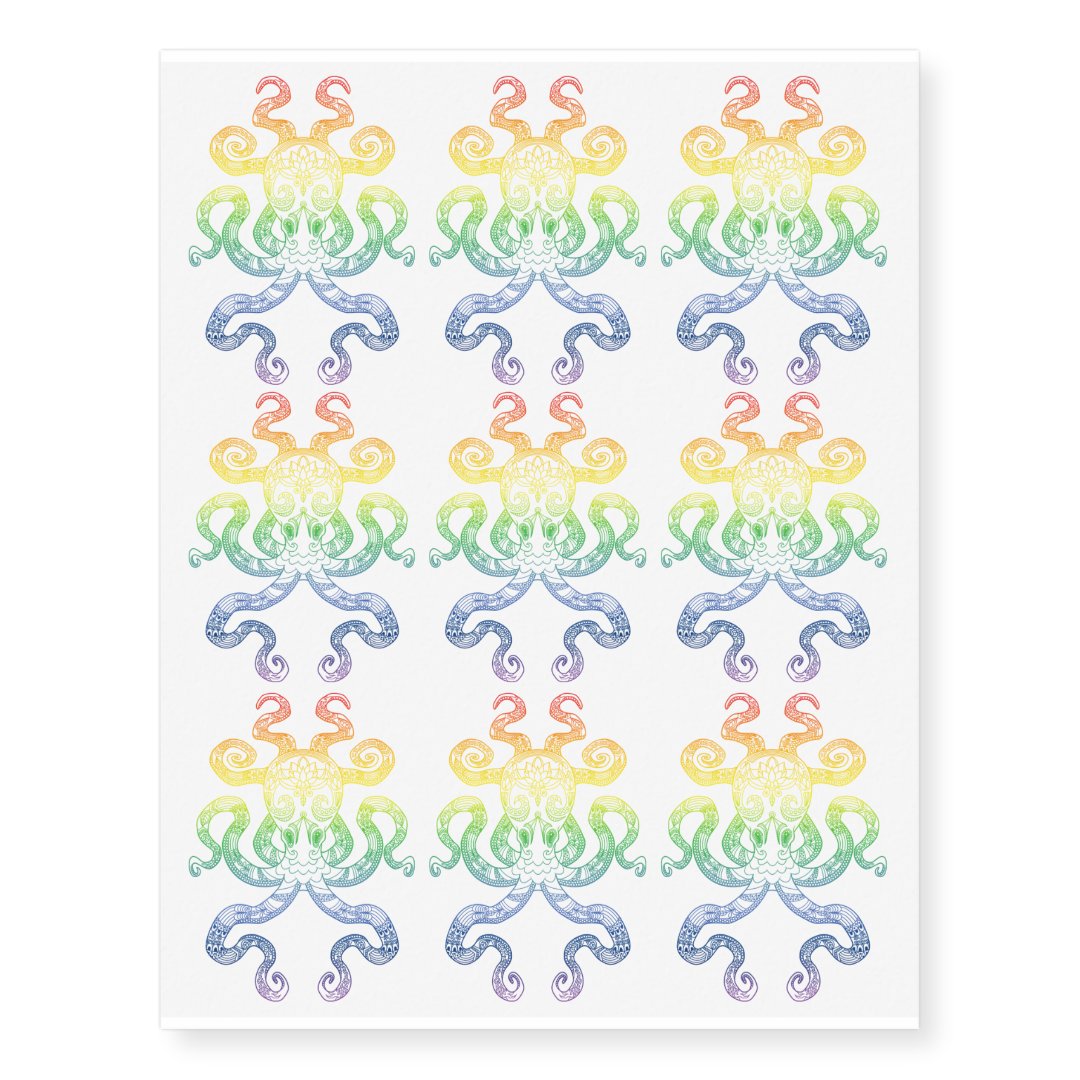 Rainbow Octopus Nautical Zen Doodle Illustration Temporary Tattoos | Zazzle