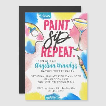 Rainbow Paint Sip Repeat Bachelorette Party Magnetic Invitation | Zazzle
