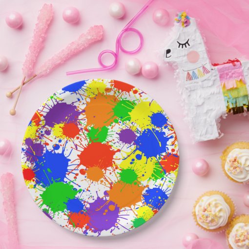 Rainbow Paint Splash Birthday Party Paper Plates | Zazzle