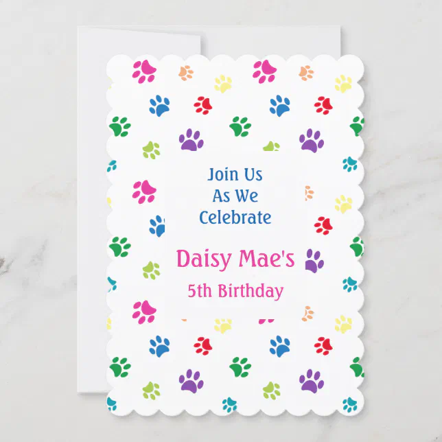 Rainbow Painted Paw Prints Pet Birthday Invitation | Zazzle