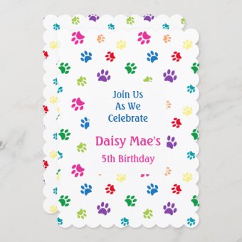 Rainbow Painted Paw Prints Pet Birthday Invitation | Zazzle