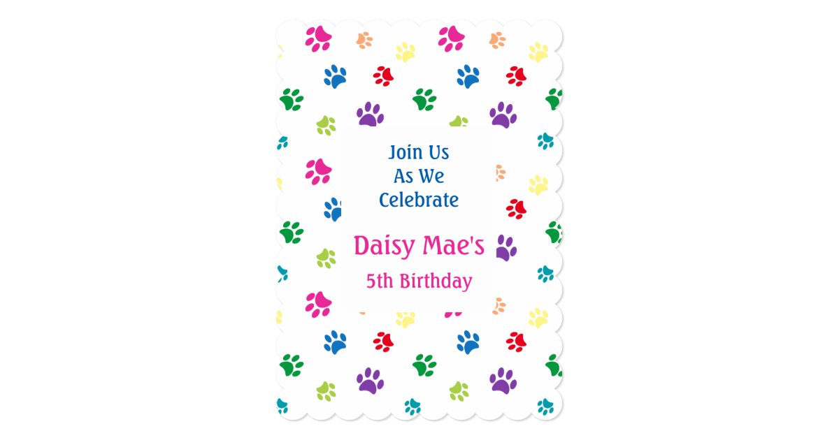 Rainbow Painted Paw Prints Pet Birthday Invitation | Zazzle.com