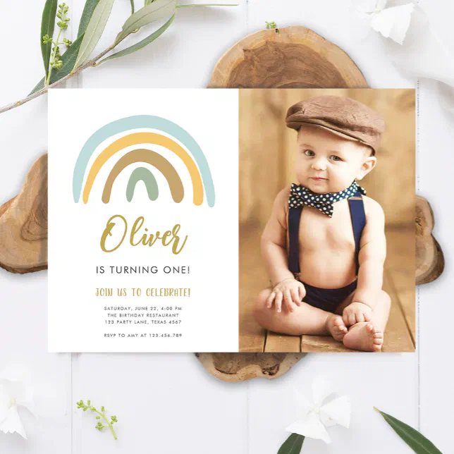 Rainbow Pastel Boho Muted Blue Boy First Birthday Invitation | Zazzle