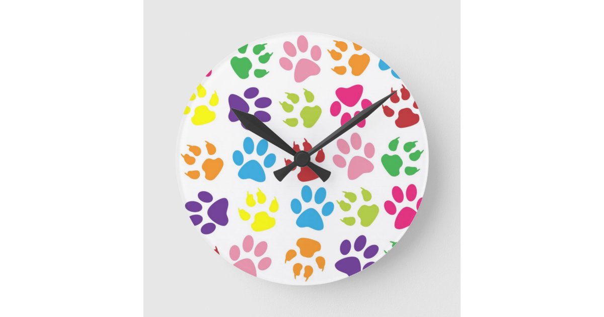 RAINBOW PAW PRINTS ROUND CLOCK | Zazzle