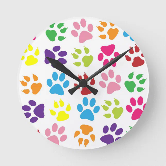 RAINBOW PAW PRINTS ROUND CLOCK | Zazzle