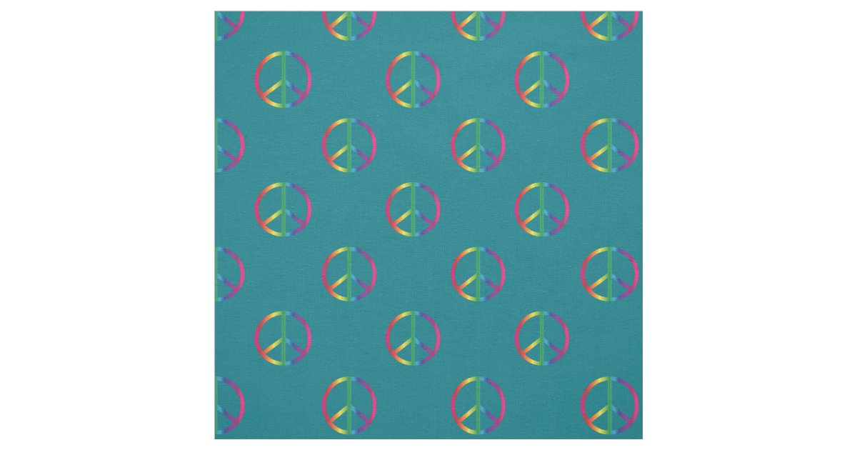 Rainbow Peace Signs Teal Fabric | Zazzle