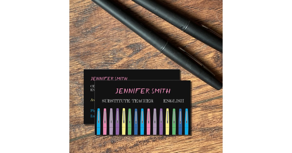 Rainbow Pen Substitute Teacher Black Business Card | Zazzle