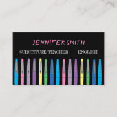 Rainbow Pen Substitute Teacher Black Business Card | Zazzle