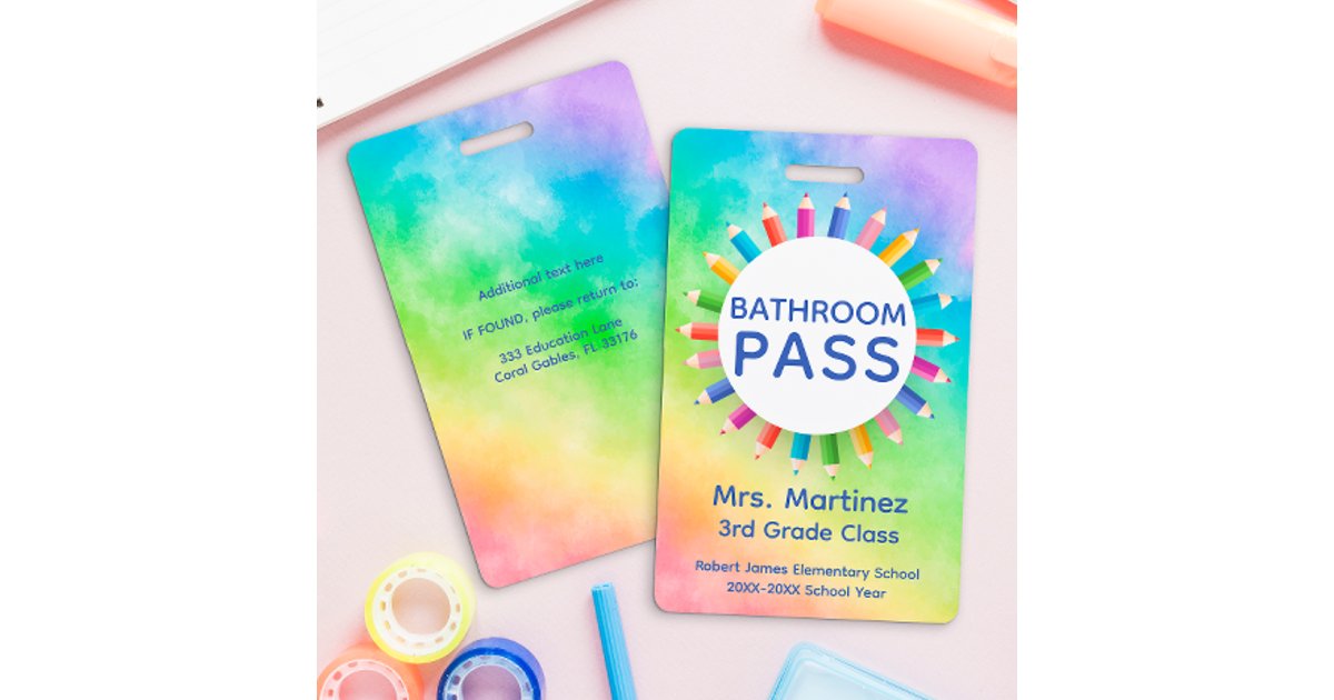 Rainbow Pencils Classroom Bathroom Pass Badge | Zazzle