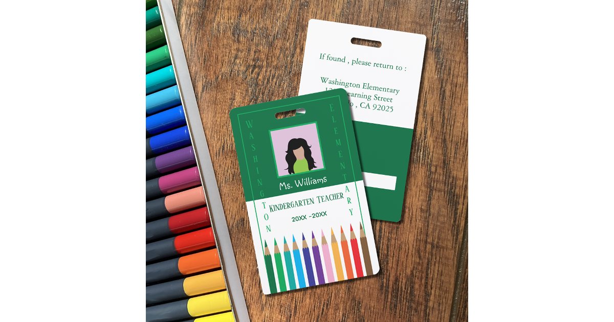 Rainbow Pencils Kindergarten Teacher ID Badge | Zazzle