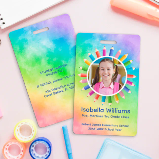 Rainbow Pencils Photo Student ID Badge | Zazzle