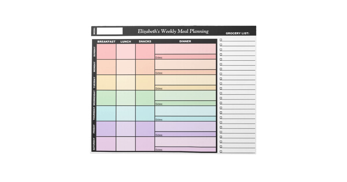 Rainbow Personalized Weekly Meal Planning Notepad | Zazzle