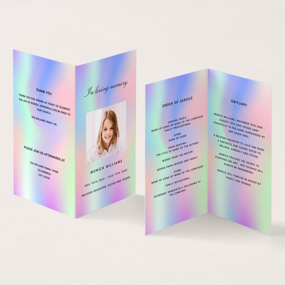Rainbow pink purple girly photo funeral program | Zazzle