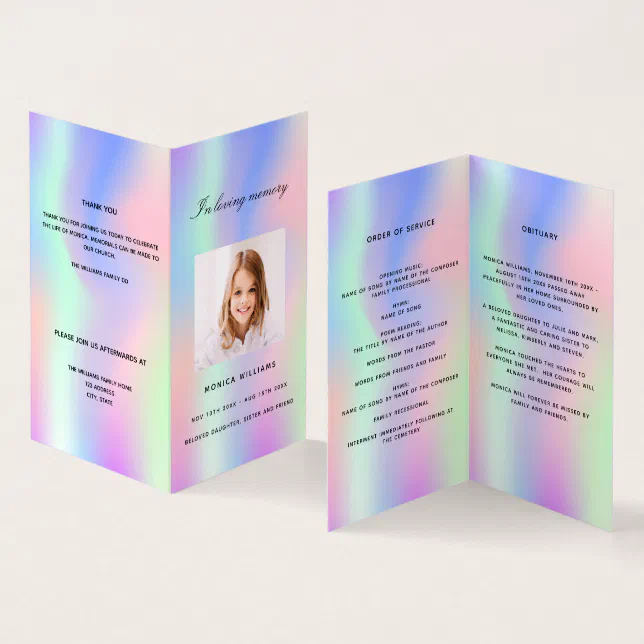 Rainbow pink purple girly photo funeral program | Zazzle