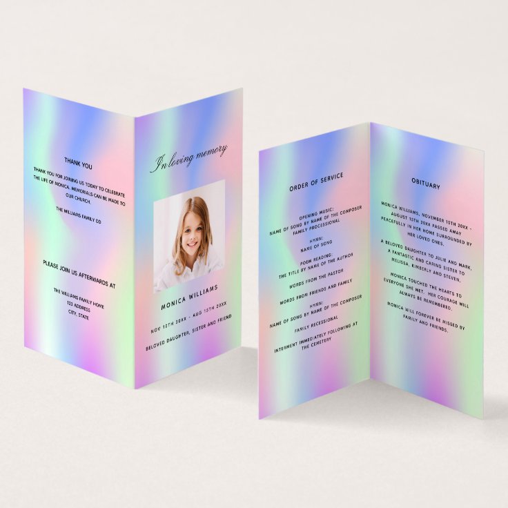 Rainbow pink purple girly photo funeral program | Zazzle