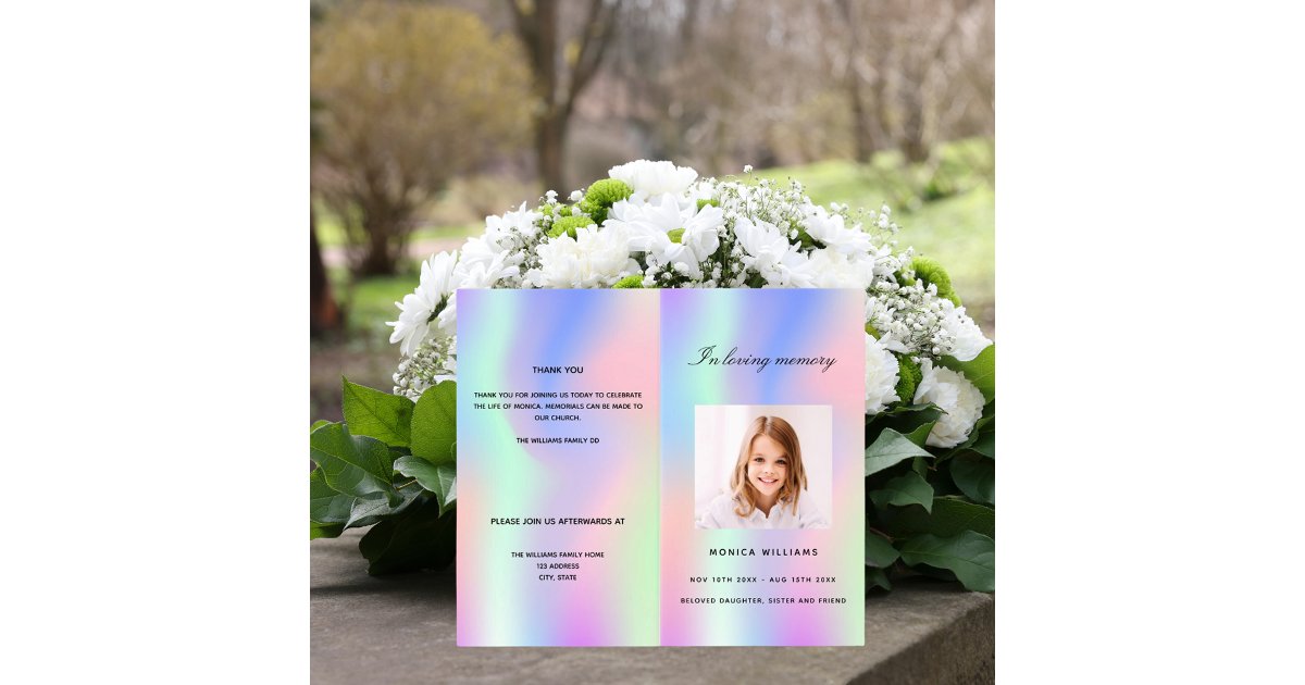 Rainbow pink purple girly photo funeral program | Zazzle