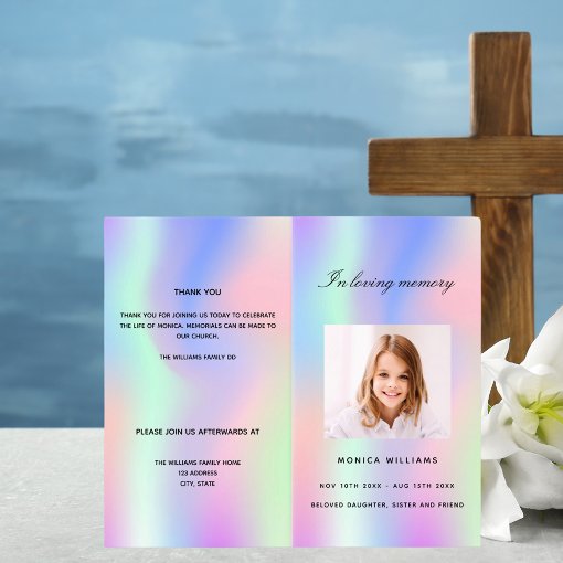 Rainbow pink purple girly photo funeral program | Zazzle