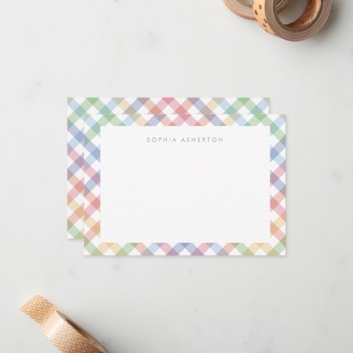 Rainbow plaid cute pastel personalized kid's note card | Zazzle
