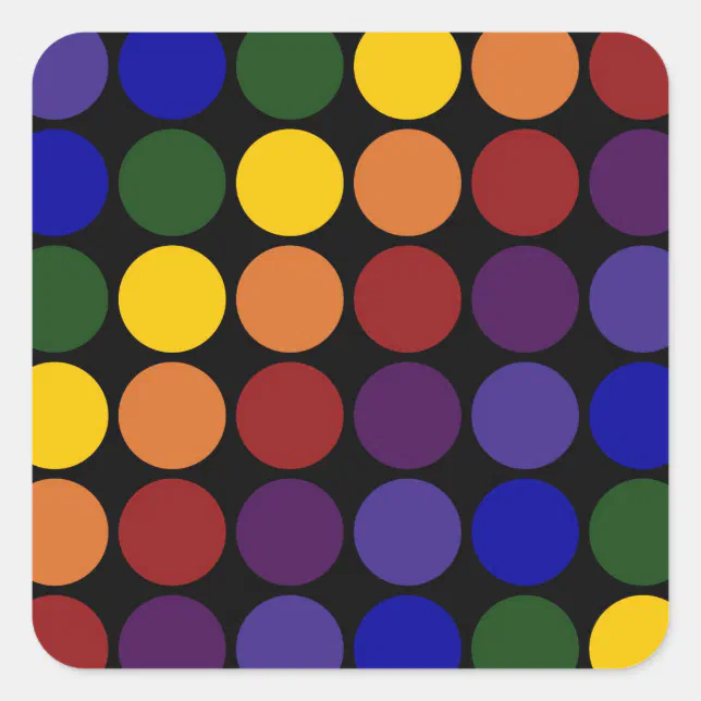 Rainbow Polka Dots on Black Square Sticker | Zazzle